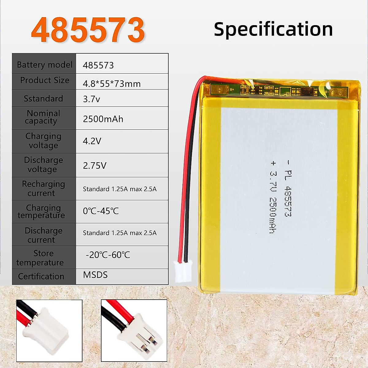 YDL3.7V 2500mAh 485573 Lipo Battery Rechargeable Lithium Polymer ion Battery Pack with PH2.0mm JST Connector