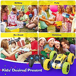 QUNREDA Remote Control Car, RC Car Toys for 6-12 Year Old Boys, Off Road RC Stunt Car 4WD 360° Rotating Remote Control Car for Kids, Boys Girls Gifts for Birthday, Christmas (Yellow&Green)