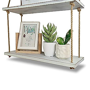 ASLINY Rustic Floating Corner Shelves Wall Mounted, 2 Tier Wood Storage Shelf Handmade (Distressed White)