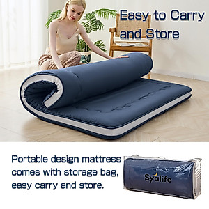 Syalife Japanese Futon Mattress Floor Mattress, 4" Thicken Roll Up Tatami Mat, Foldable & Portable Floor Bed Sleeping Pad, Traditional Shiki Futon (shikibuton), Design by Japan (Navy Blue, 54 * 80)