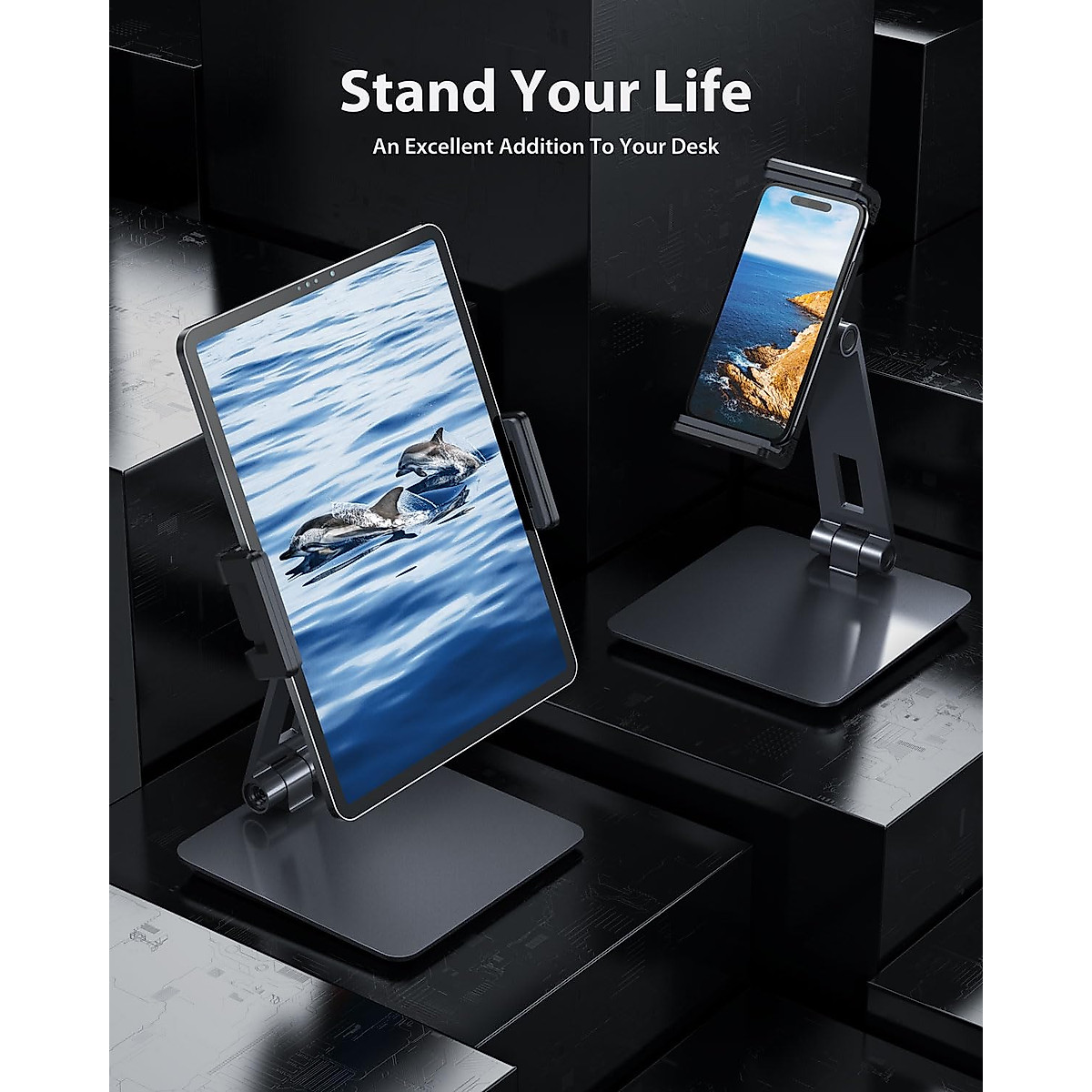 Maxonar iPad Stand Holder, Heavy-Duty Aluminum Alloy Tablet Stand, 360° Swivel Foldable iPad Pro Air Charging Stand Holder for Desk Bed Store POS Showcase Reception Kitchen Office (6-13''), Grey