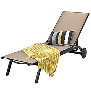 Tangkula Outdoor Aluminum Chaise Lounge, Patio Lounge Recliner Chair w/6 Adjustable Backrest, Reclining Chaise Chair with Wheels for Beach, Yard, Balcony, Poolside (2, Brown)