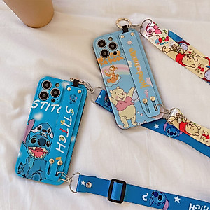 Hosiss Cartoon Case for iPhone 13 6.1'' with HD Screen Protector, Stitch Upgraded Wrist Strap Band Adjustable Lanyard TPU Shockproof Protective Phone Case for Women Girls