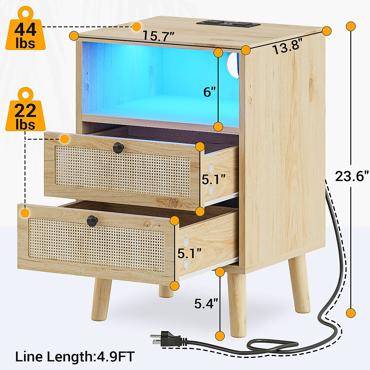 VIAGDO Rattan Nightstand with Charging Station, Led Night Stand with 2 Rattan Drawers, Bedside Tables with Solid Wood Feet, End Side Table with Open Storage Shelf for Bedroom