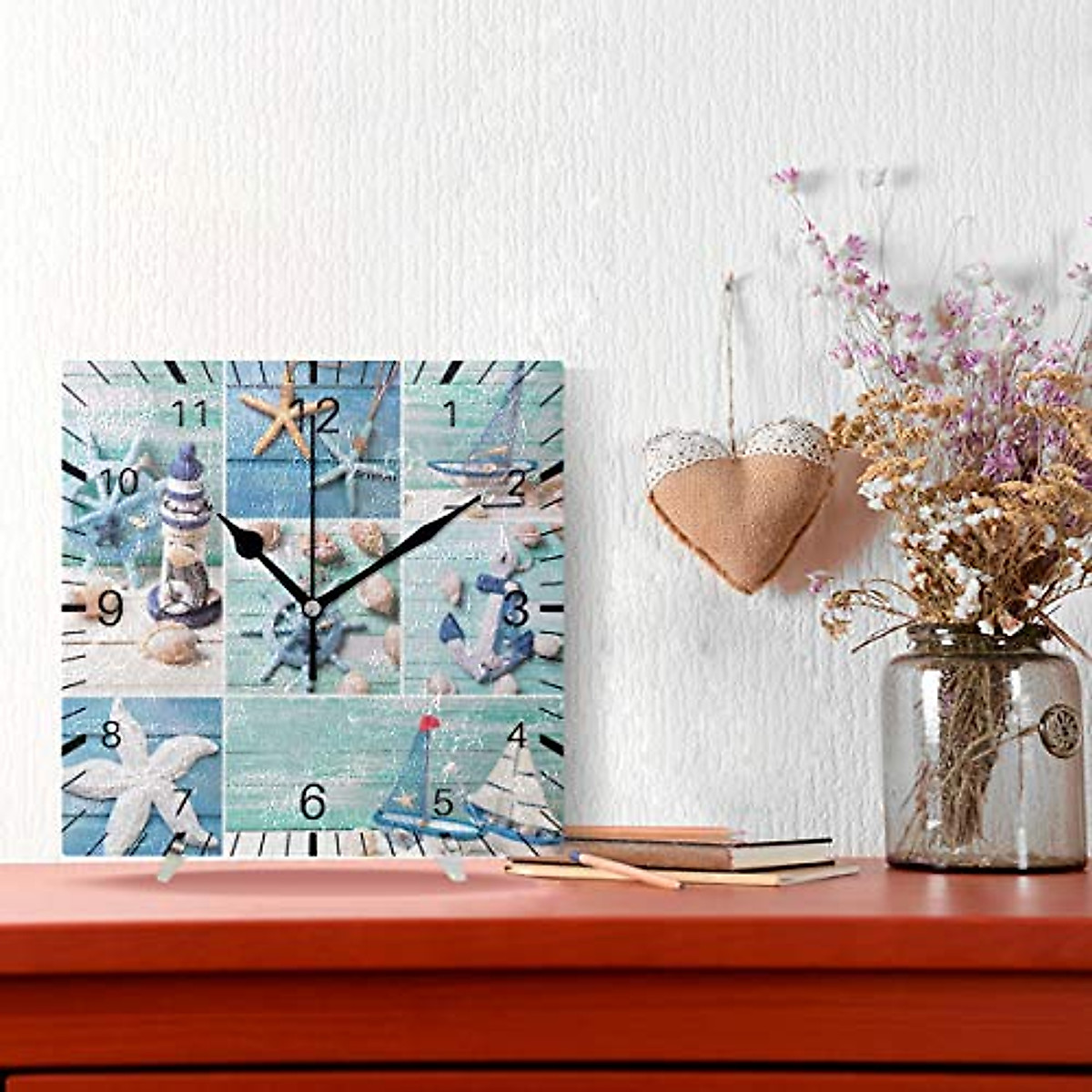 ALAZA Sea Anchor Lighthouse Ship's Wheel Ocean 7.9 Inch Square Wall Clock Battery Operated Non-Ticking Silent Quartz for Kitchen Home Living Room Office Bedroom(Black Pointer)