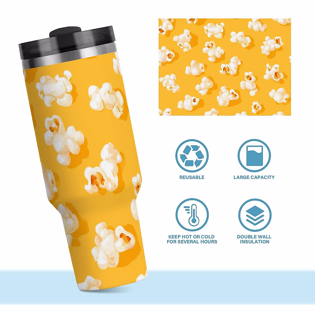 Selerdon 40 oz Tumbler Yellow Popcorn with Handle and Straw Lid Vacuum Stainless Steel Insulated Water Bottle Travel Mug Car Cup Holder Friendly BPA Free for Gym Travel Office