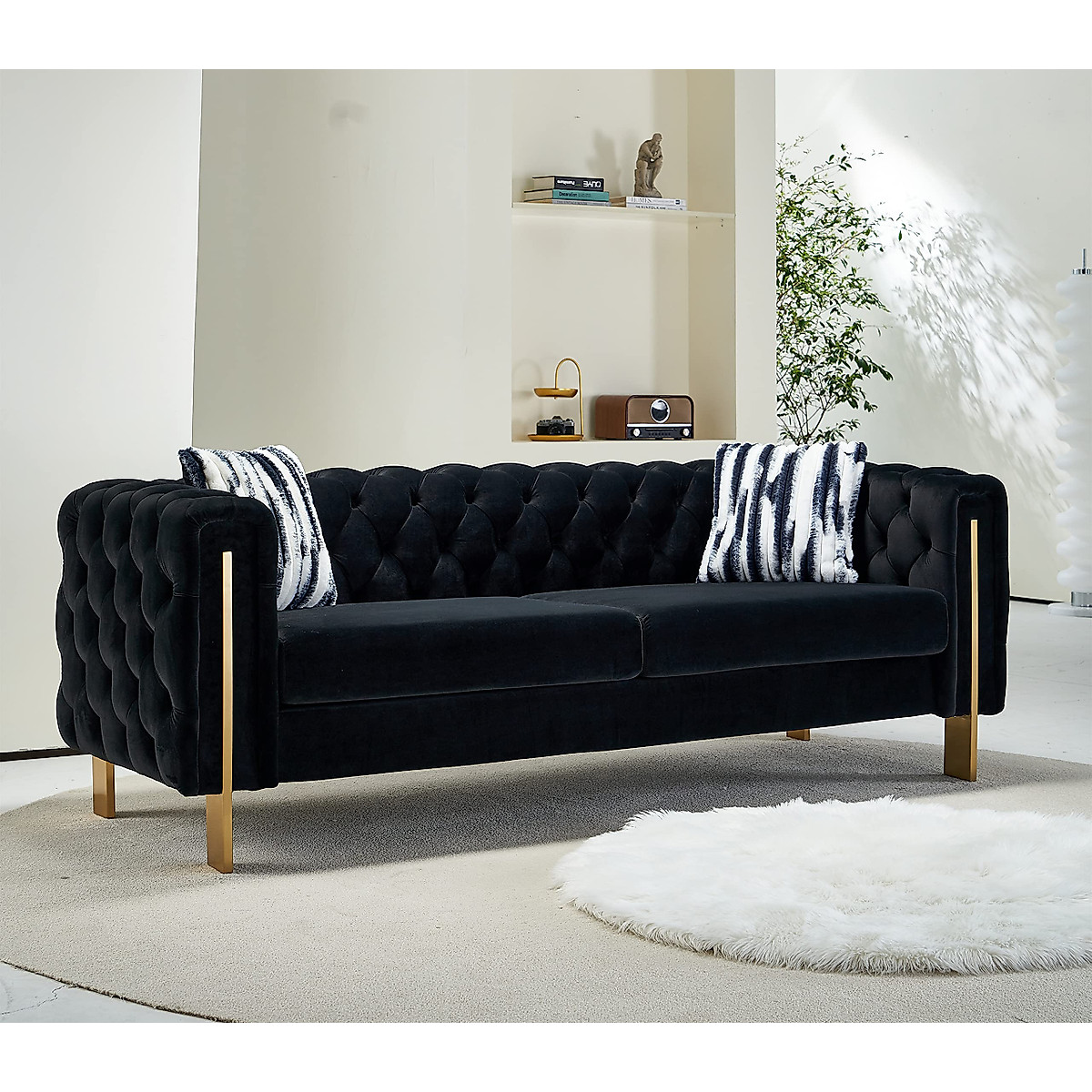 Zushule Tufted Chesterfield Sofa - A Modernized Classic with Gold Metal Legs and 2 Throw Pillows - Couches for Living Room, Office, and Bedroom - Black Velvet Couch