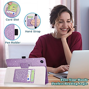 DMLuna Case for Metro by T-Mobile Alcatel Joy Tab 2, 8 Inch Tablet 2020 Release, PU Leather Shockproof Folio Cover Protector Accessory with Handle Hand Strap, Stand, Card Slot, Glitter Purple