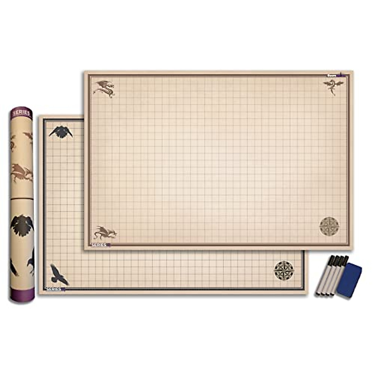 DND Battle Mat Ultimate 2 Pack Starter Set Accessory for RPG Role Playing Games 24" X 36" Ultradurable Non-Staining Dry/Wet Erase Premium Vinyl Battle Grid Ravnspire Series 0 (Series 0)