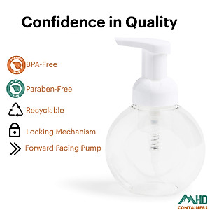 MHO Containers | Clear Foaming Soap Dispenser with White Pump Locking Mechanism BPA/Paraben Free PET Plastic 250mL/8.5fl oz - Set of 4