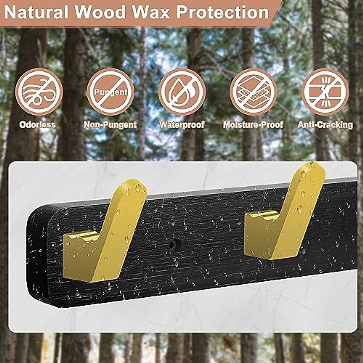 IBosins Coat Hooks Wall Mounted Coat Rack, 16.7'' Long, Entryway Hanging Coat Rack, Black Wood Coat Rack with 5 Gold Literary Rustic Hooks, Decorative Hooks Rail for Coat, Scarf, Bag, Towel, Hat