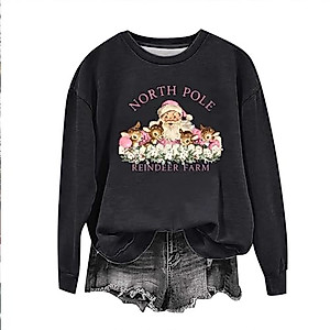 GATXVG North Pole Reindeer Farm Women's Long Sleeve Pullover Christmas Elk Print Plus Size Tops Round Neck Loose Sweatshirt Blue