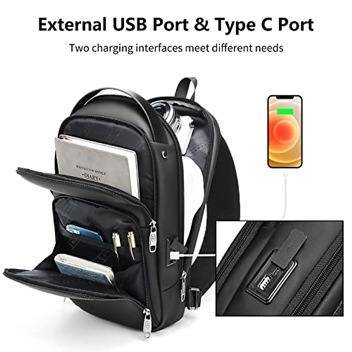 SSWEISIKER Sling Bag for Men, Men's Shoulder Bag and Chest Bag, Waterproof Small Crossbody Backpack with Multiple Pockets & USB Charging Port for Sports, Gym and Travel, Anti-theft & Minimalist, Black