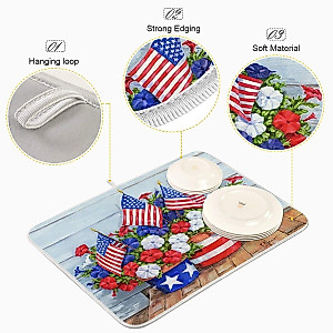 American Flag Spring Summer Flower Poppy Dish Drying Mat 18x24 for Kitchen Memorial Independence Day 4th of July USA Flag Dishes Pad Dish Drainer Rack Mats Absorbent Fast Dry Kitchen Accessories