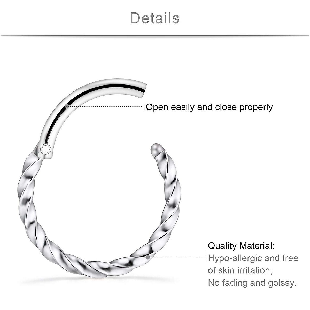 SCERRING 3PCS 16G Stainless Steel Hinged Clicker Segment Septum Nose Lip Ring Hoop Cartilage Tragus Sleeper Earrings Body Piercing Jewelry Braided 10mm Mix Color