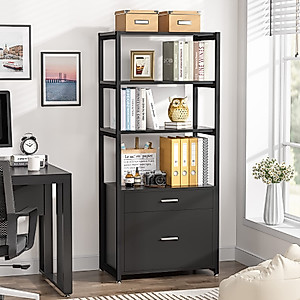 Tribesigns Bookcase Bookshelf, 4-Tier Modern File Cabinet with 2 Drawers, Lateral Filing Cabinet accommodate Legal/Letter / A4 Size for Home Office Organizer