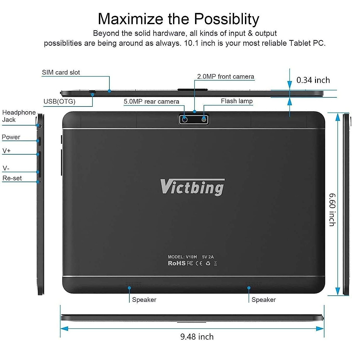 Victbing TPZ Tablet 10.1 inch, Android 10.0 Phablet, Phone Tablets with SIM Slots, 32GB Storage 128GB Expansion, Dual Camera, HD IPS Display, Wi-Fi, Bluetooth, USB Type C, 6000mAh, GPS