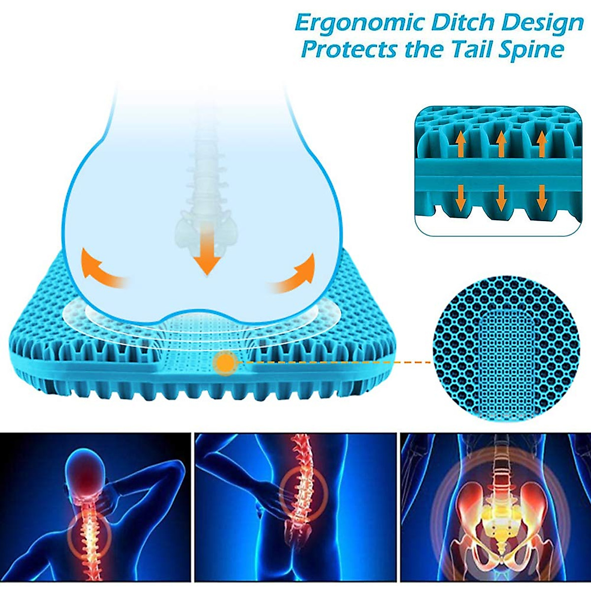 Large Gel Seat Cushion, Enhanced Gel Cushion for Long Sitting with Non-Slip Cover, Breathable Honeycomb Chair Pads Absorbs Pressure Points for Wheelchair, Car Seat, Home Office Chairs