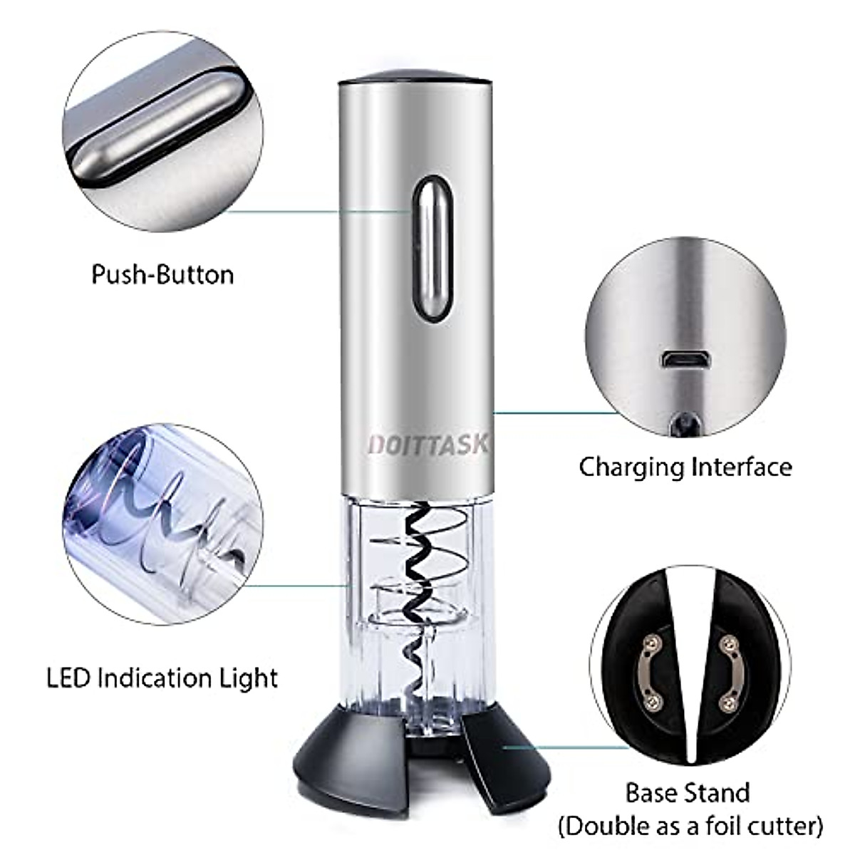 DOITTASK Wine Opener, Electric Automatic Corkscrew, Rechargeable Cordless Wine Bottle Openers with Foil Cutter and USB Charging Cable for Wine Lover Gift Set (Stainless Steel)