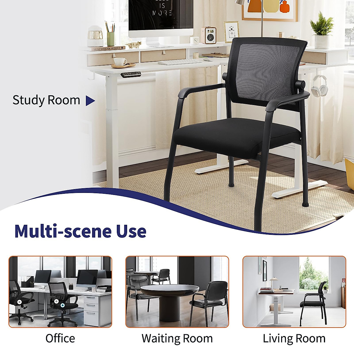 KLASIKA Desk Chair No Wheels with Adjustable Mesh Backrest, Arm Chair with Ergonomic Lumbar Support and Thickened Seats Cushion, Waiting Room Chairs for Office School Church Guest Reception