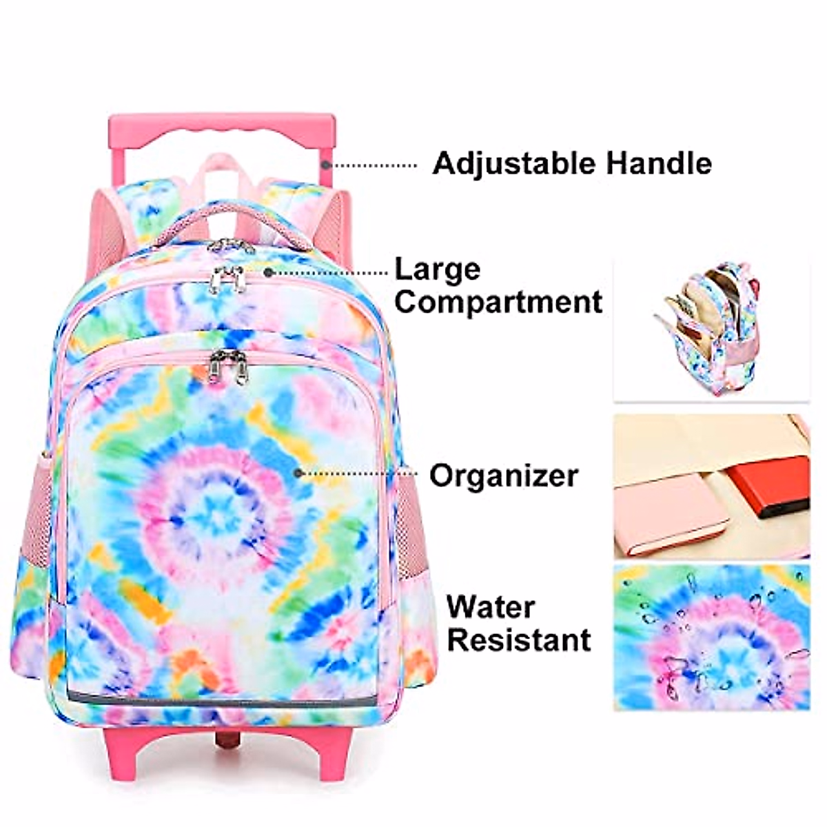 CAMTOP 18 Inch Rolling Backpack Girls Travel Roller Bag with Wheels Kids School Bags Wheeled Luggage Backpack (Tie Dye)