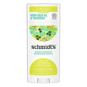 Schmidt's Sensitive Skin Natural Deodorant with Hemp Seed Oil For 24 Hour Odor Protection Patchouli + Hops Aluminum Salt Free, Vegan, Certified Cruelty Free, 3.25 oz