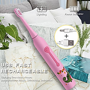 7AM2M Kids Electric Toothbrushes with 4 Brush Heads, 3 Modes with Memory, IPX7 Waterproof, 2 Minutes Build-in Smart Timer, Baby Kids Toothbrushes Suitable Age 3+ (Pink)