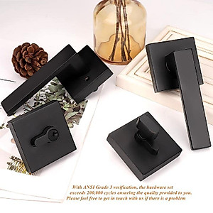 Probrico Flat Black Passage Door Lever with Single Cylinder Deadbolts Combo Pack, Modern Square Lock Set Handleset,Exterior Door Handle and Deadbolts Set,Exterior Door Lever Passage 2 Pack