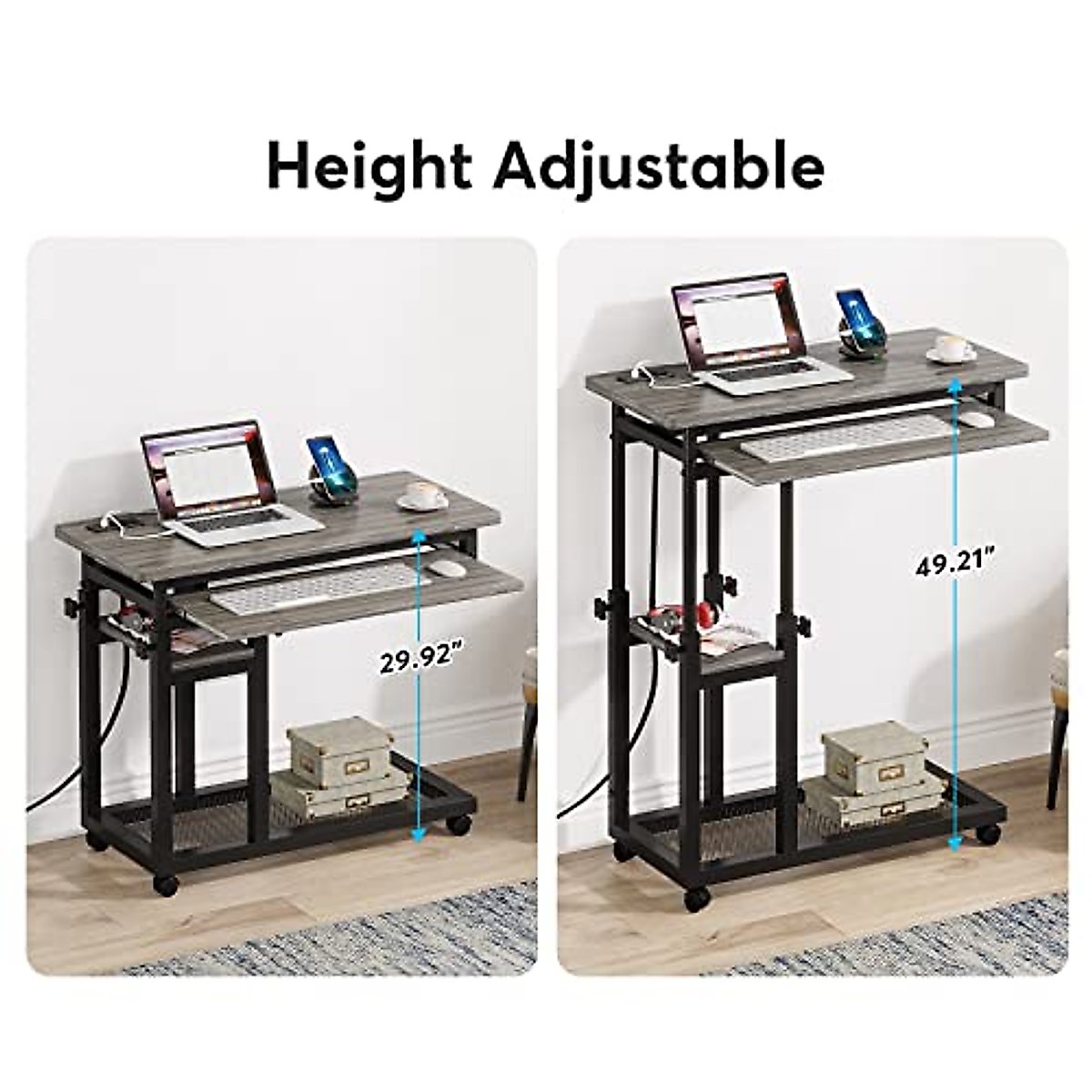 Tribesigns Small Portable Desk with Power Outlet, Height Adjustable Sofa Couch Bedside Laptop Table with Wheels, Mobile Standing Desk Rolling Computer Cart C Side Table with USB Ports