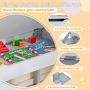 Costzon Kids Table and Chair Set, Flip Top Kids Art Craft Table w/Chair for Playroom Kindergarten, Toddler Drawing Writing Desk Set w/Paper Roll & 2 Markers, Gift for Boys Girls Ages 3+ (Gray)