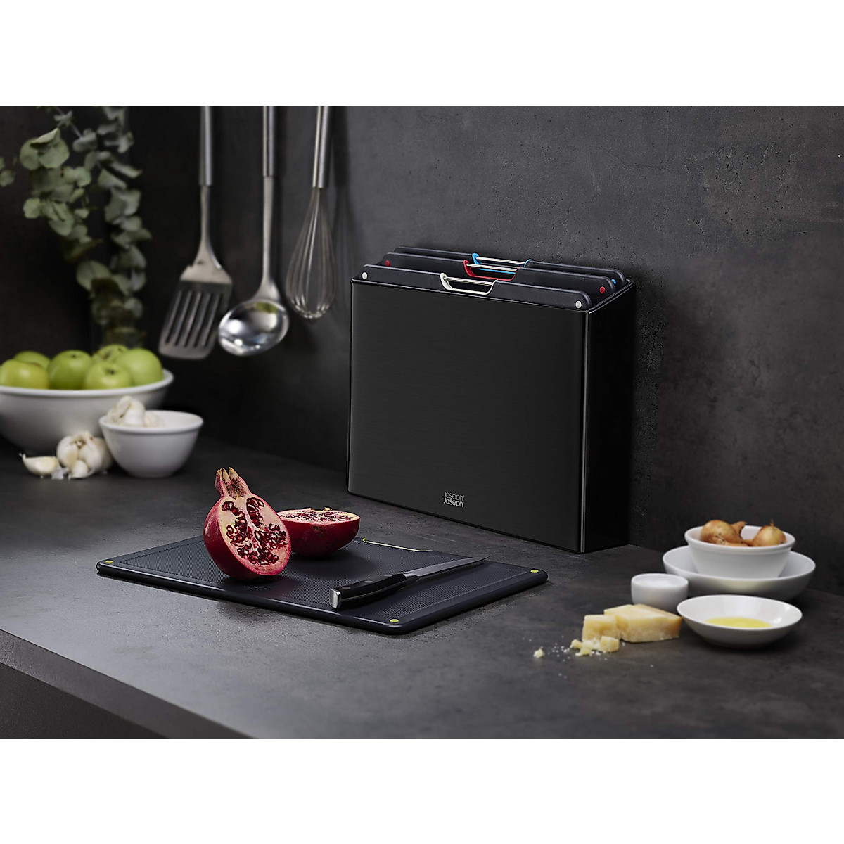 Joseph Joseph Folio 4-Piece Color coded Cutting Board Set, Steel Slimline Case for Organized Kitchen Storage, Large, Carbon Black