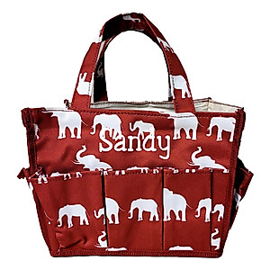 SONA G DESIGNS Small Fashion Organizing Tote Bag - 12 Outside Pockets Bingo Cosmetics Crafts Yarn Crochet Projects - Burgundy Elephant