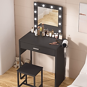 Titoni Makeup Vanity Desk with Mirror and Lights, Black Vanity Table and Chair Set, Brightness Adjustable, Small Vanity for Girls' Bedroom