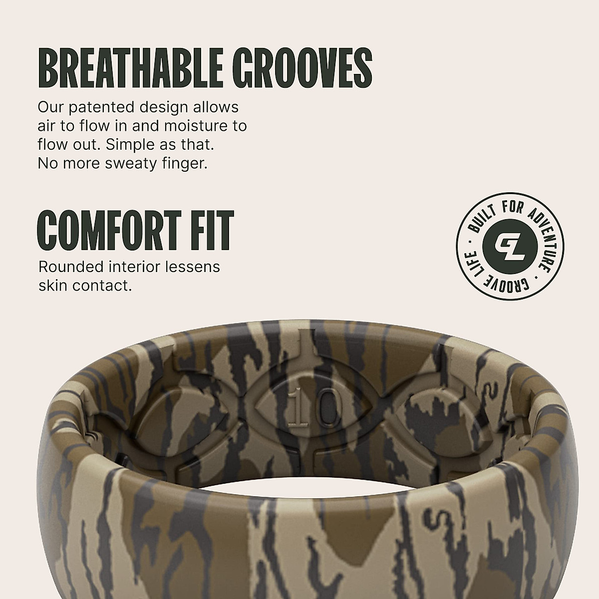 Groove Life Mossy Oak Bottomland Camo Silicone Ring - Breathable Rubber Wedding Rings for Men, Lifetime Coverage, Unique Design, Comfort Fit Ring - Size 10