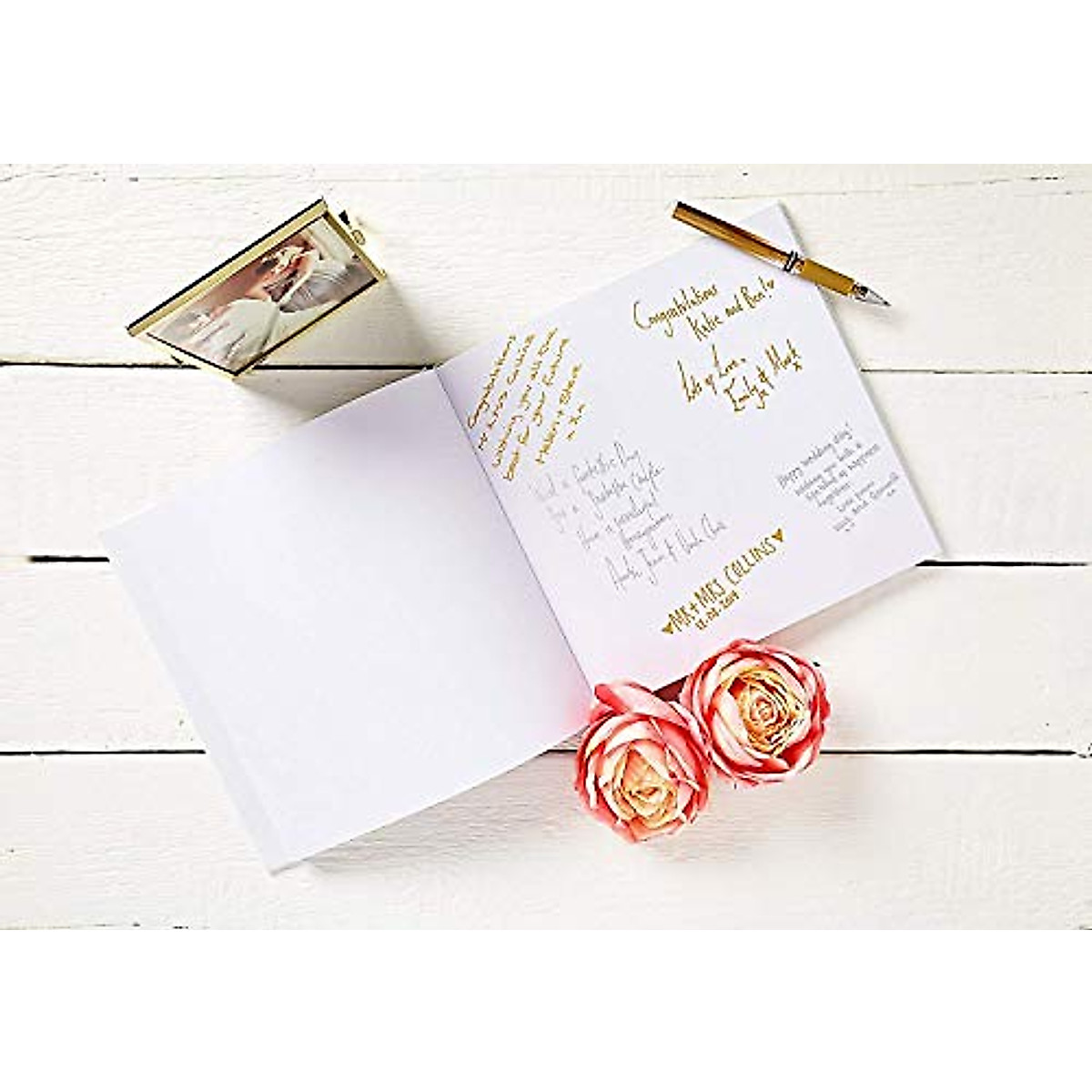 Wedding Guest Book Silver Guestbook - Blank NO Lines - Memory Signature Message Book - Birthday Engagement Party - White Paper Ribbon & Foil Stamping - Thick Paper 32 Page/64 Side Square