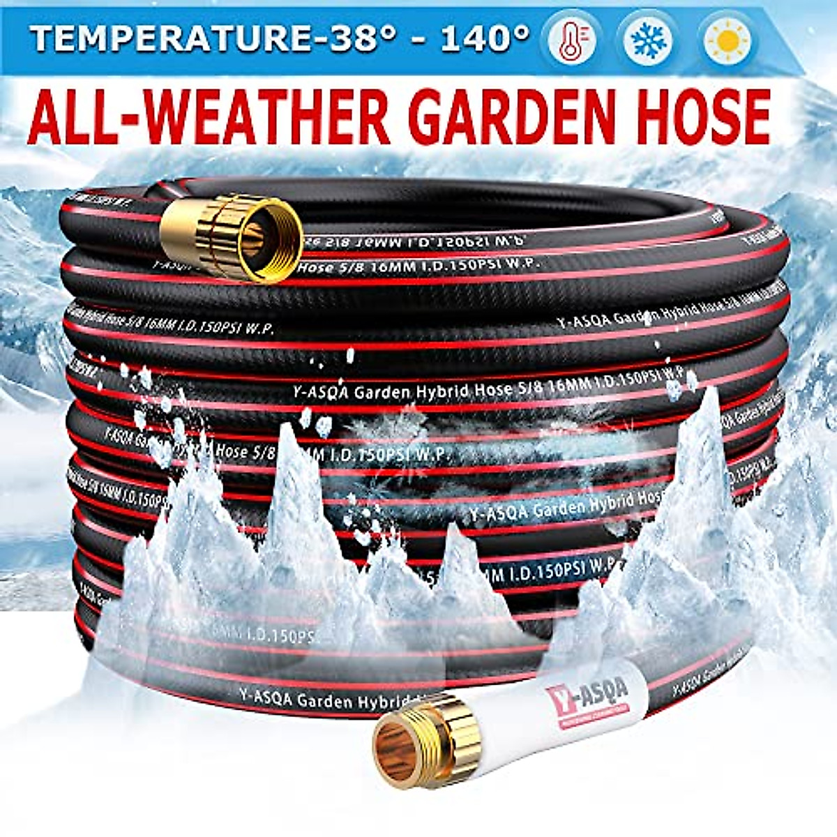 Y-ASQA Heavy Duty Garden Hose 5/8 Inch 100 ft, Premium Contractor Leakproof durable Kink Free Braid Vinyl Black Coiled rubber Garden water Hose