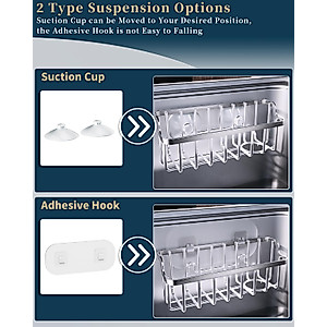 Consumest Sponge Holder for Kitchen Sink with Adhesive Hook & Suction Cups, Rustproof Stainless Steel Sink Caddy, Kitchen Sink Organizer for Sponge, Brush, Sink Stopper - Silver