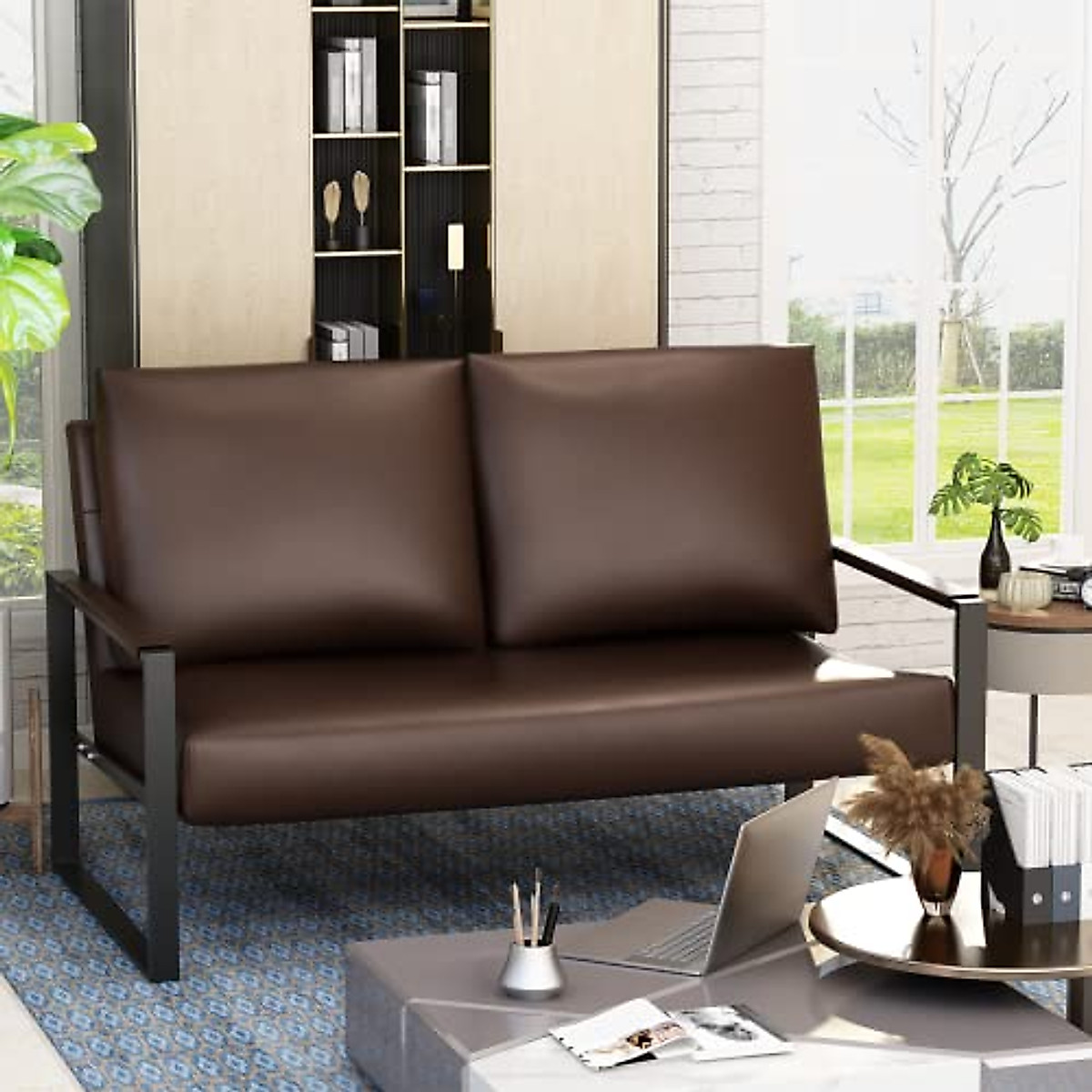 AWQM Faux Leather Loveseat Sofa, Mid-Century 2-Seat Sofa, Modern Living Room Love Seat for Small Spaces - Brown