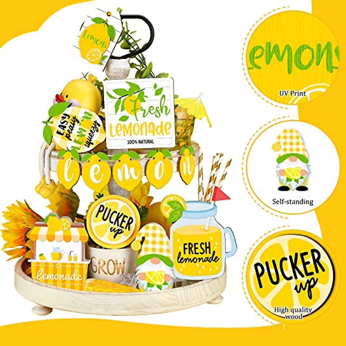 11 Pieces Lemon Peach Pumpkin Tiered Tray Decor Set Gnome Fresh Lemonade Wooden Tiered Tray Decor Peach Lemon Wood Blocks Standing Sign Decorations for Layered Pallets Summer Autumn (Lemon Style)