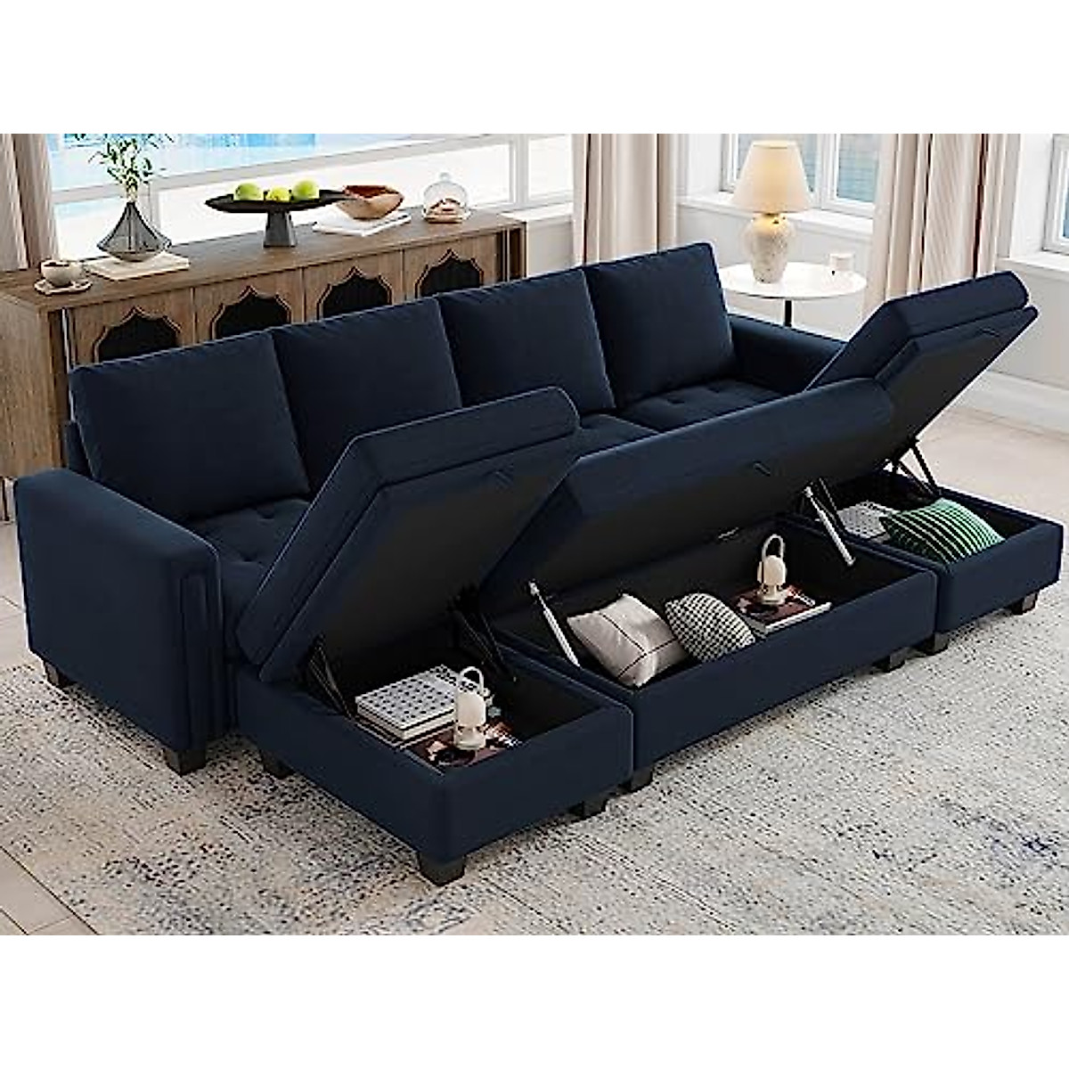 Belffin Velvet Convertible 4-Seat Sectional Sleeper Sofa with Reversible Chaise Sleeper Sectional Couch Bed with Storage Ottoman Sectional Sofa Couch Set Blue
