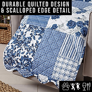 Great Bay Home Patchwork Scalloped Printed Furniture Protector Stain Resistant Recliner Cover (Recliner, Navy)