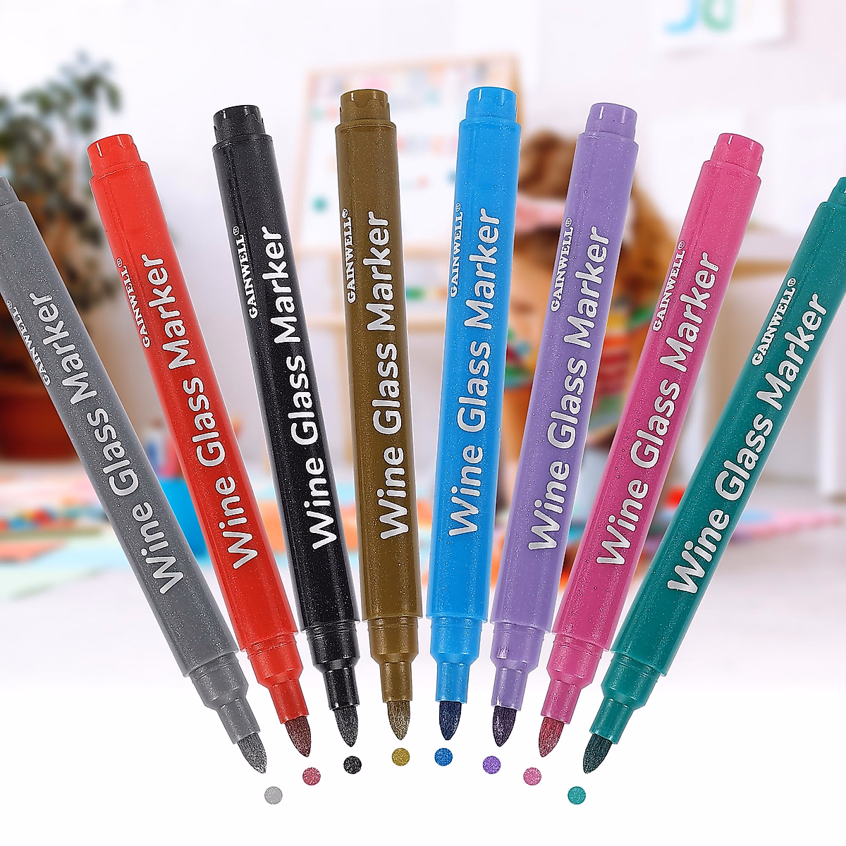 GAINWELL Wine Glass Markers – Pack of 8 Food-Safe Non-Toxic Wine Glass Marker Pens - Can also be Used on Ceramic Plates and other Glass and Dinnerware