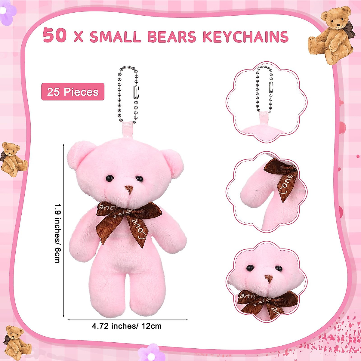Ceenna 50 Sets Baby Shower Favor Bulk for Guest 50 Tiny Stuffed Bear Toy Plush Bear 50 Thank You Cards and Organza Bag Valentines Day Thank You Tag for Gender Reveal Guest Gifts(Pink)