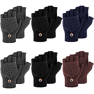 Zhanmai 6 Pairs Womens Fingerless Gloves with Finger Flaps Winter Knitted Convertible Mittens Half Cover Flip Top Mittens (Mixed Colors)