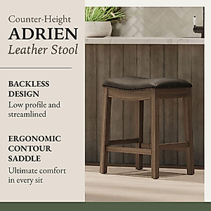 Maven Lane Adrien 26 Inch Counter Height Backless Saddle Barstool in Reclaimed Oak Finish with Ronan Stone Vegan Leather Cushion Seat