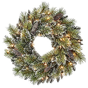 Puleo International 24" Pre-Lit Snowy Wreath with 50 Clear Incandescent Lights