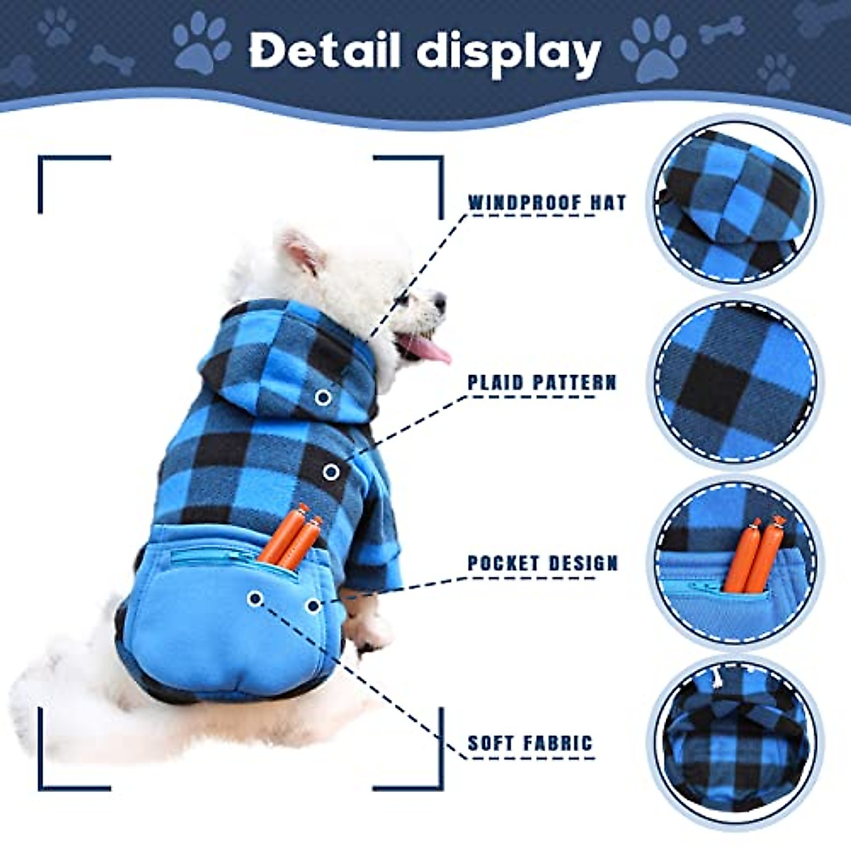 HRTTSY Small Dog Hoodie Soft Warm Fleece Fall Winter Dog Clothes Girl Boy Classic Plaid Puppy Cat Sweaters with Pocket Cute Doggy Hooded Sweatshirts for Small Dogs Chihuahua Outfits(Blue,S)