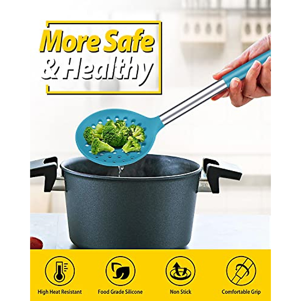 Kitchen Ladle Strainer Set of 2 Large Slotted Spoon with High Heat Resistant BPA Free Non Stick Cooking Skimmers For Draining & Frying (Grey and Teal Blue)