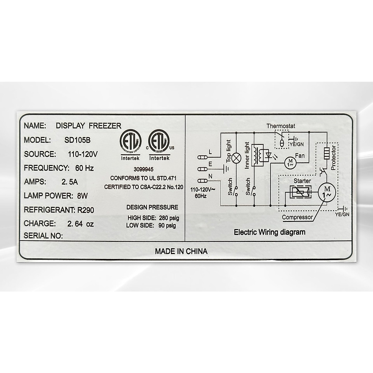 Commercial Freezer Glass 1-door 17" 105L Upright Narrow NSF -15°F to 5°F slim display merchandiser restaurant SD-105B