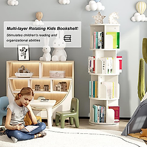 JoanKaren Rotating Bookshelf 51.2", White Wood Bookcase for Kids and Adults, 360 Display 4 Tier Small Corner Book Shelf Organizer, Floor Standing Storage Rack for Bedroom, Living Room, White
